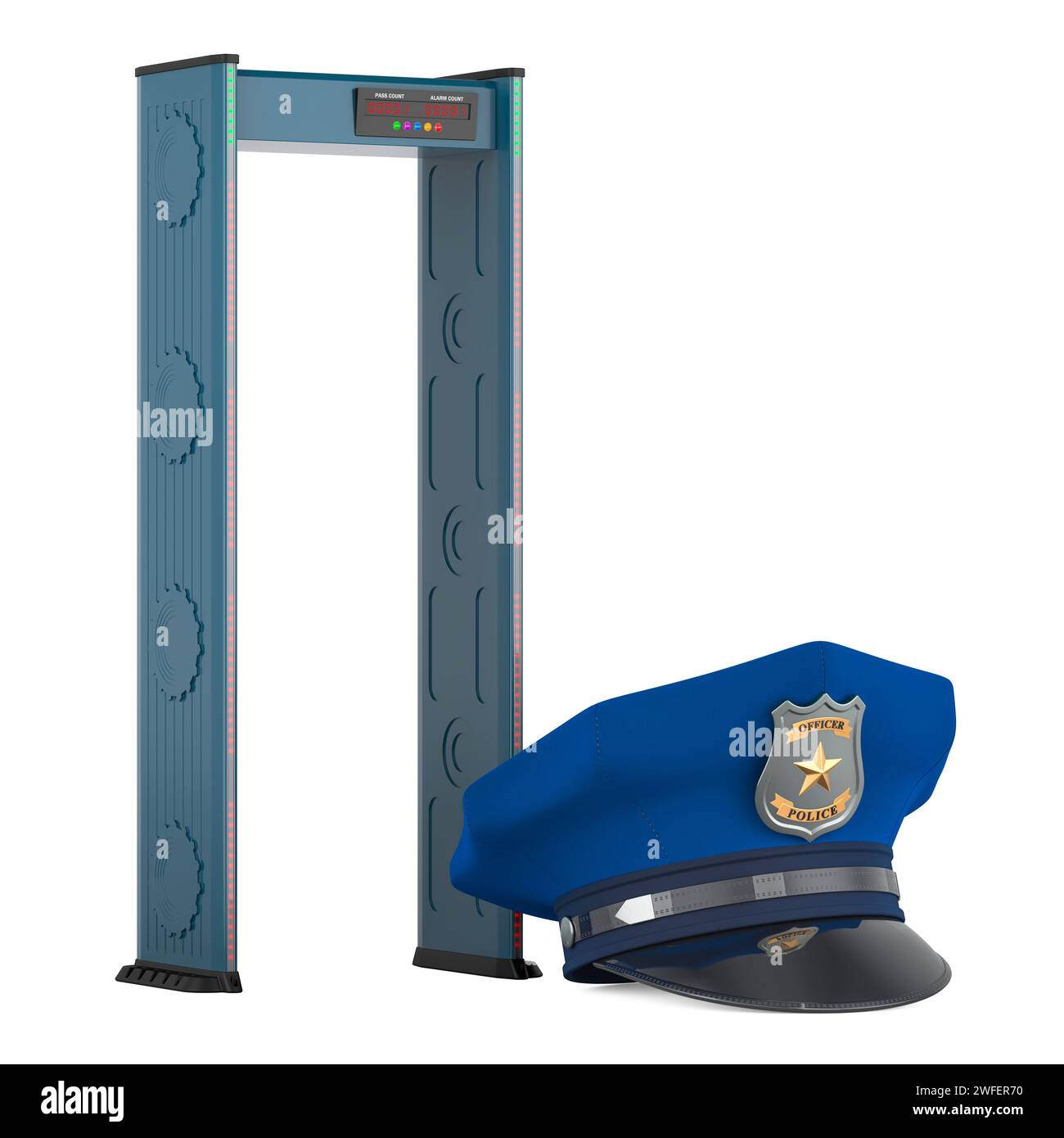 Walk-Through Metal Detector with police cap, 3D rendering isolated on ...