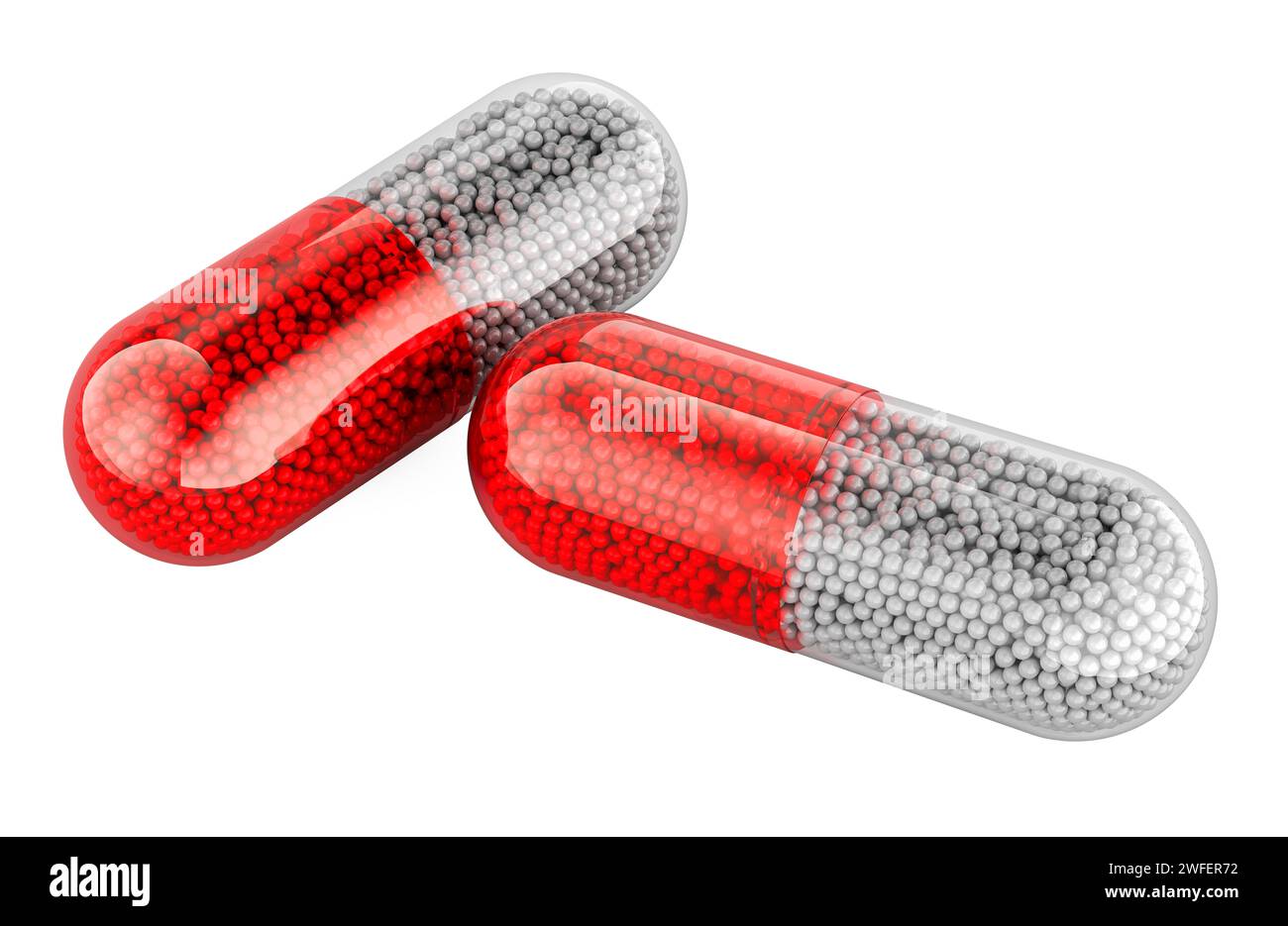 Set of medicament capsules, closeup. 3D rendering isolated on white ...