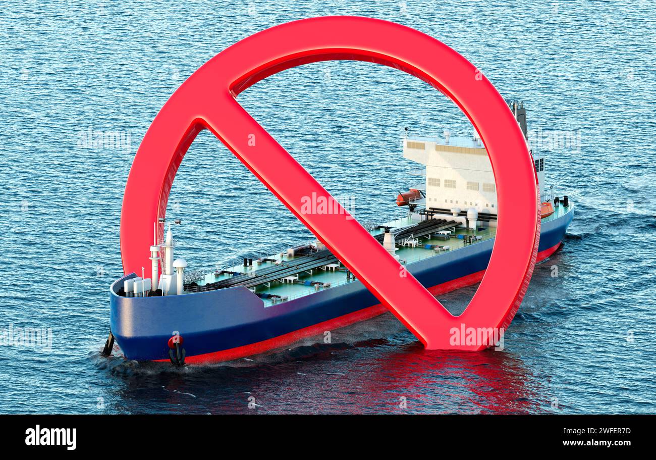 Oil tanker with prohibited symbol sailing in ocean, 3D rendering Stock ...