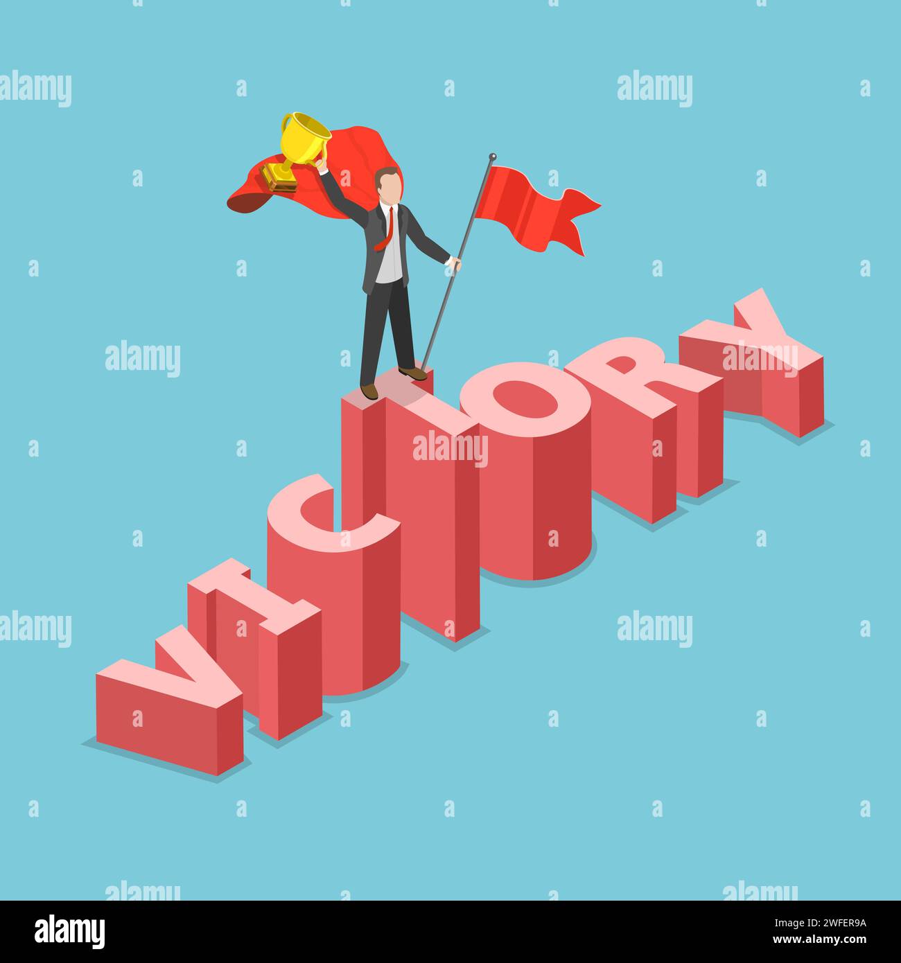 Victory flat isometric vector concept. Businessman dressed with ...