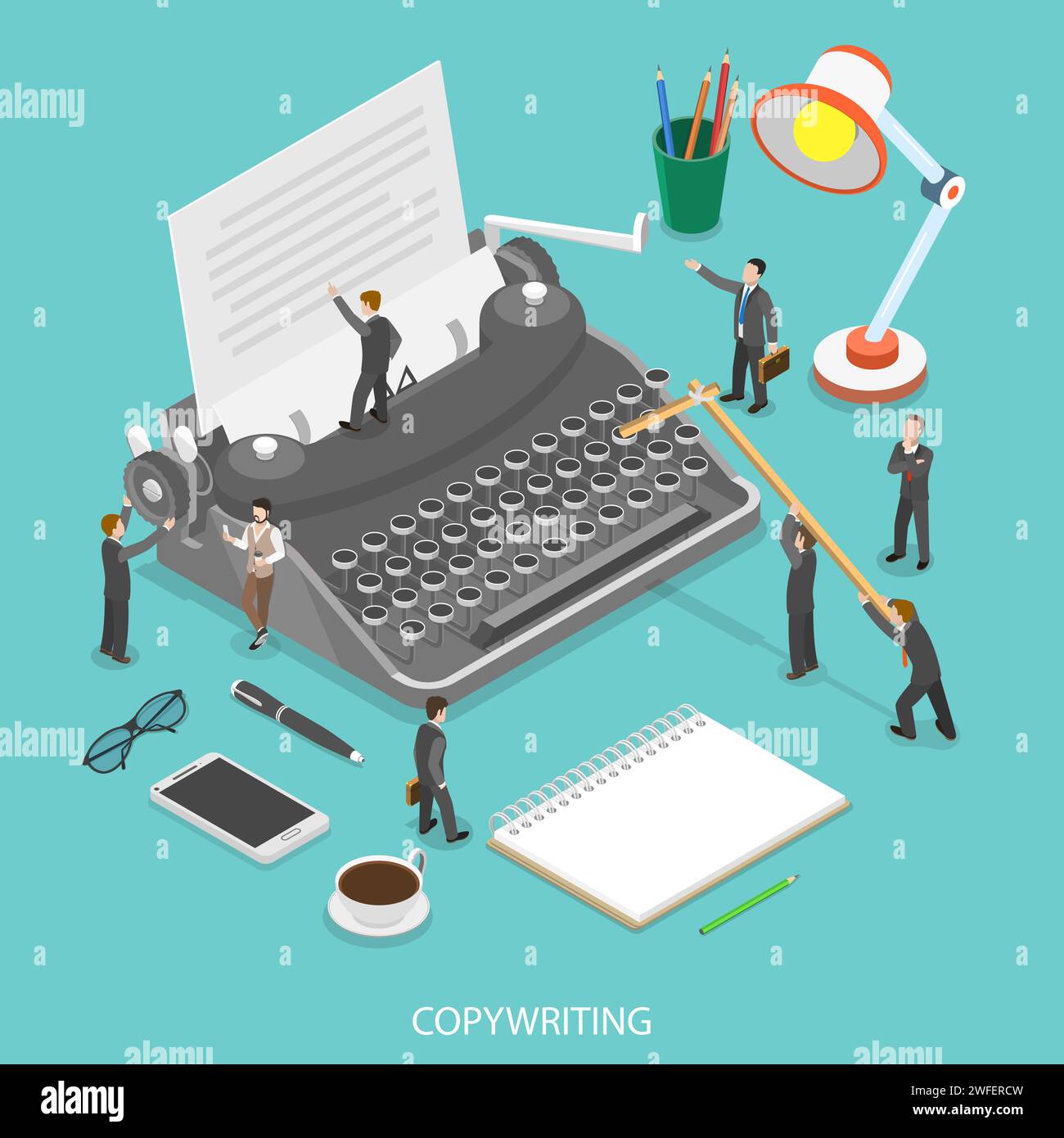 Copywriting flat isometric vector concept. People are trying to create ...