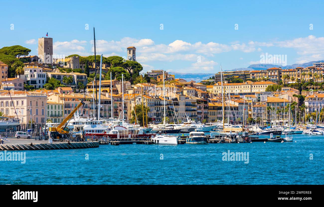 Cannes, France - July 31, 2022: Cannes seafront panorama with castle ...