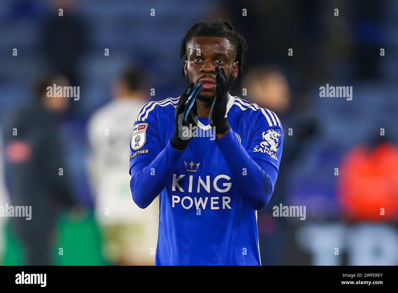 Stephy Mavididi of Leicester City applauds the fans at the end of the ...