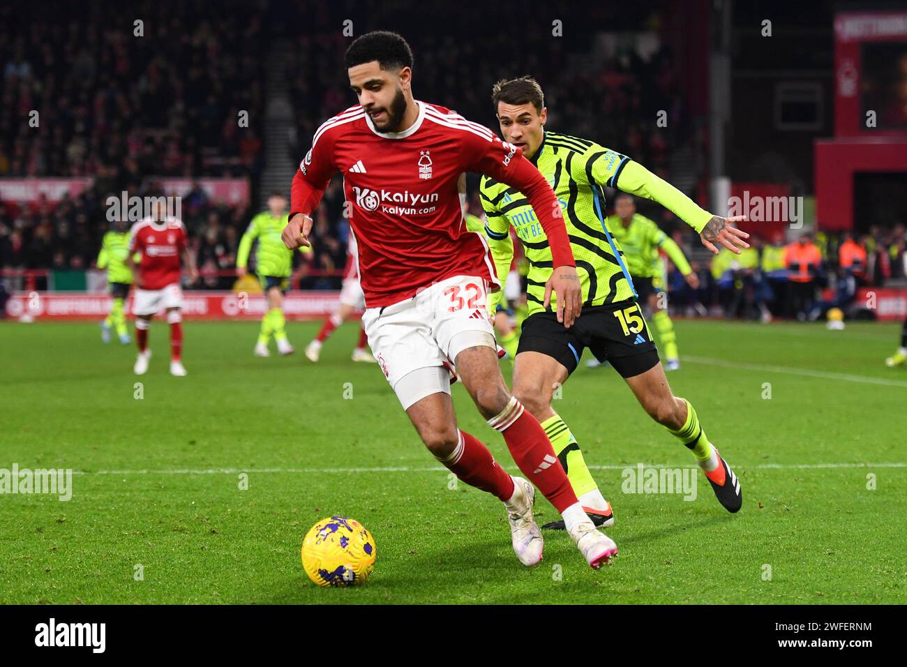 Andrew Omobamidele of Nottingham Forest under pressure from Jakub ...