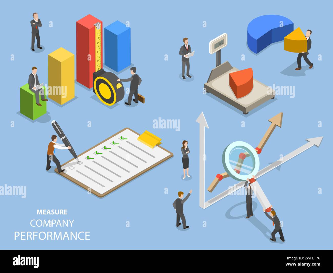 Business benchmarking flat isometric vector. Group of people are ...