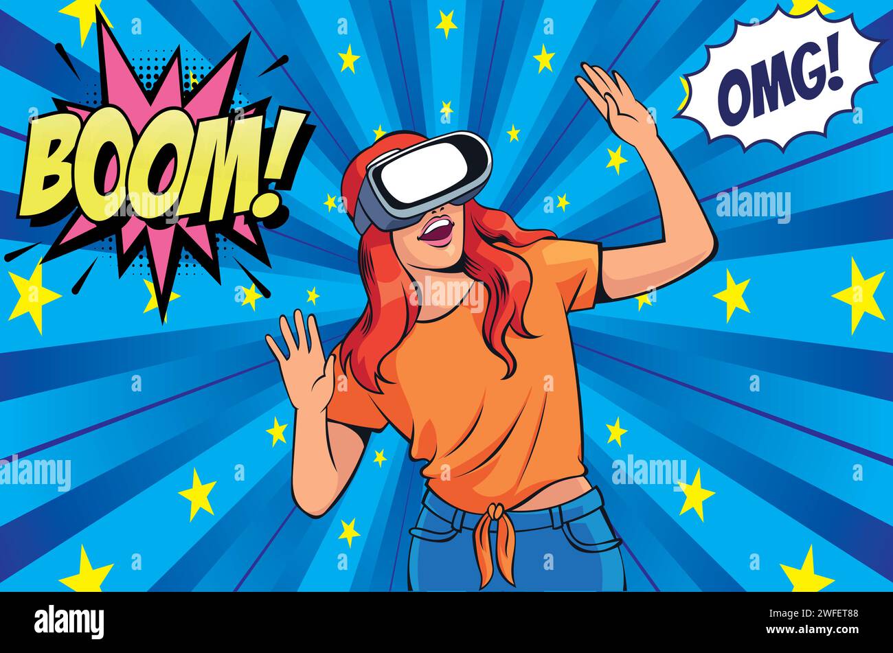 Pop art pretty young woman virtual reality vector image Stock Vector ...