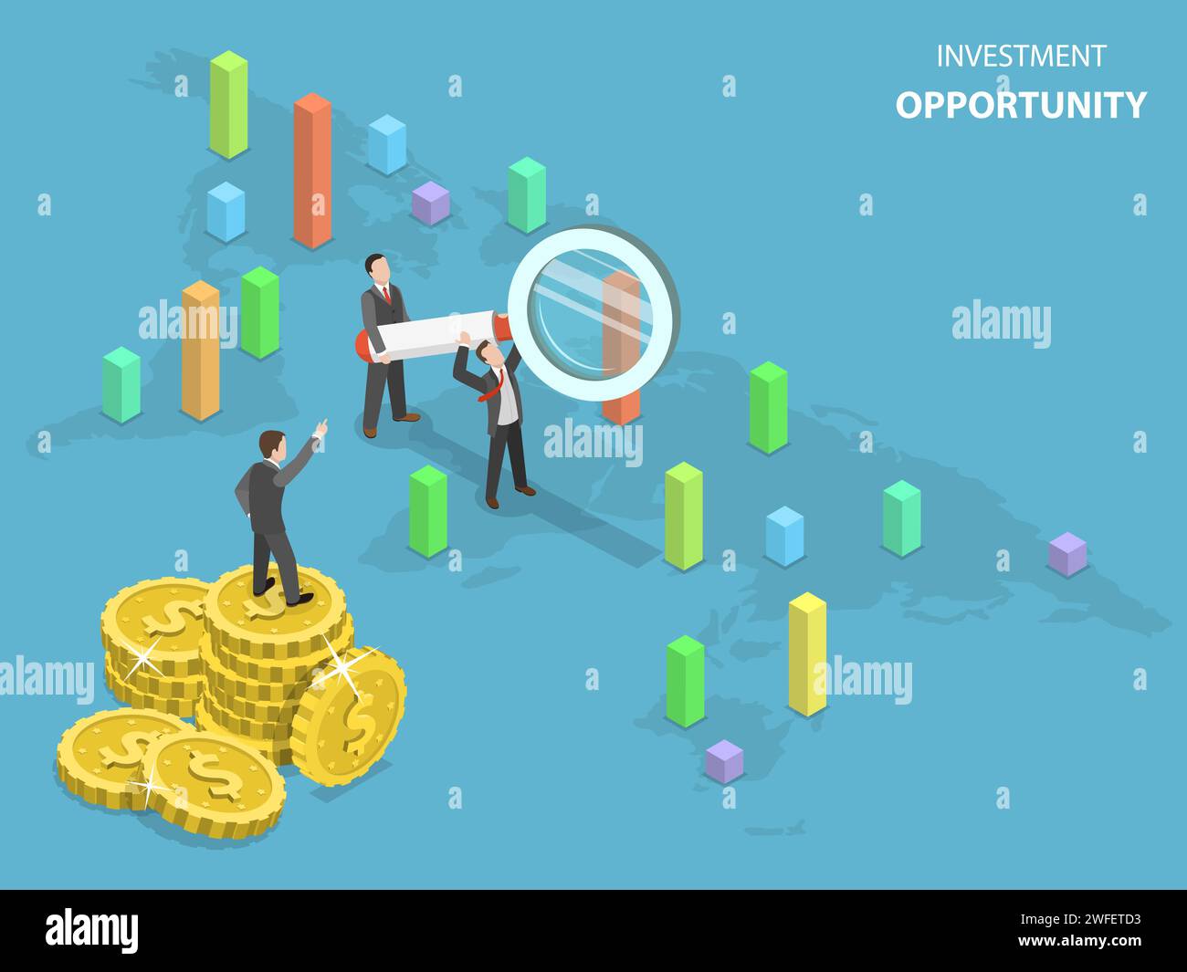 Investment opportunity flat isometric vector concept. Business Men using magnifying glass are ...