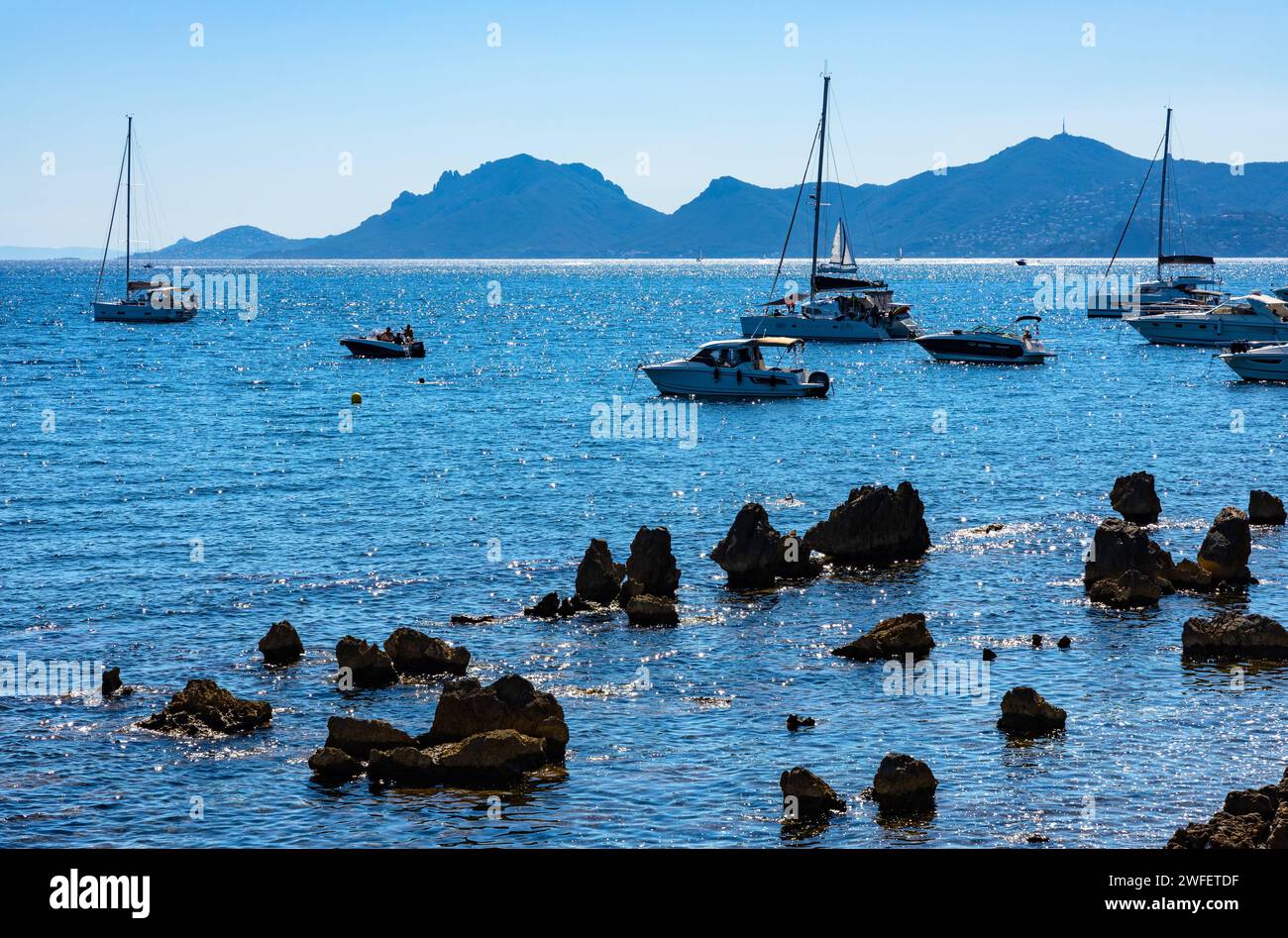 Cannes, France - July 31, 2022: Rocky coast with woods and forest of ...