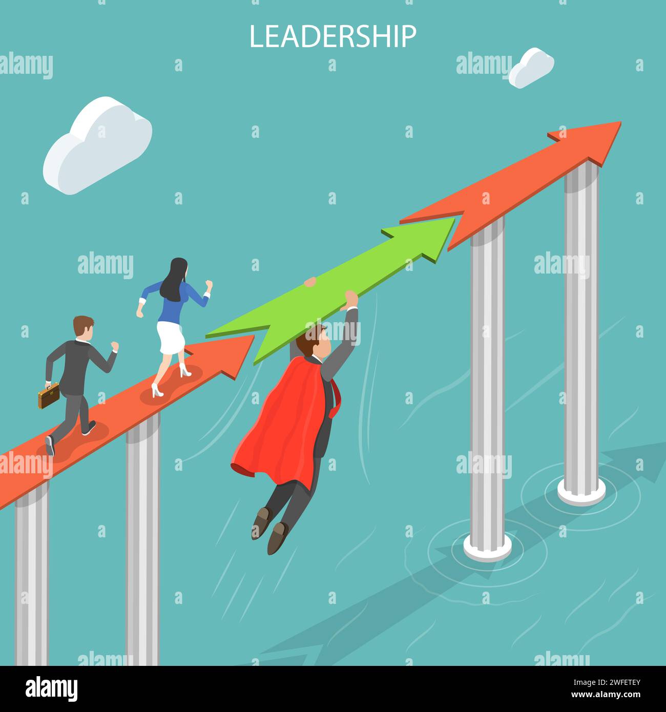 Leadership flat isometric vector concept. Businessmen with a superhero ...