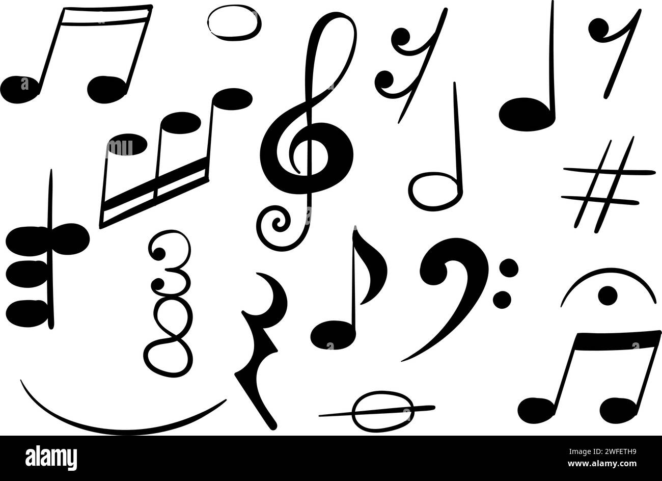 Set of music note and symbols doodle. treble clef, sharp. Collection of ...
