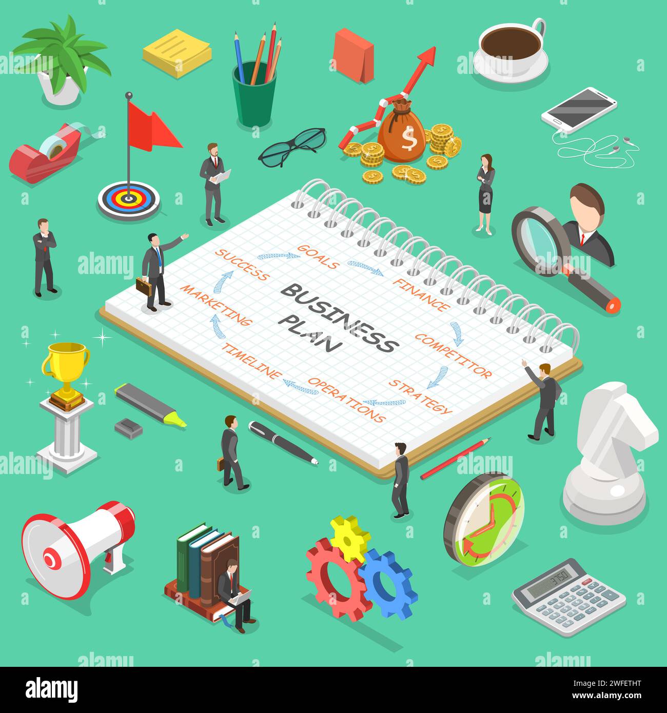 Business plan flat isometric vector concept. Business team are discussing their company strategy ...