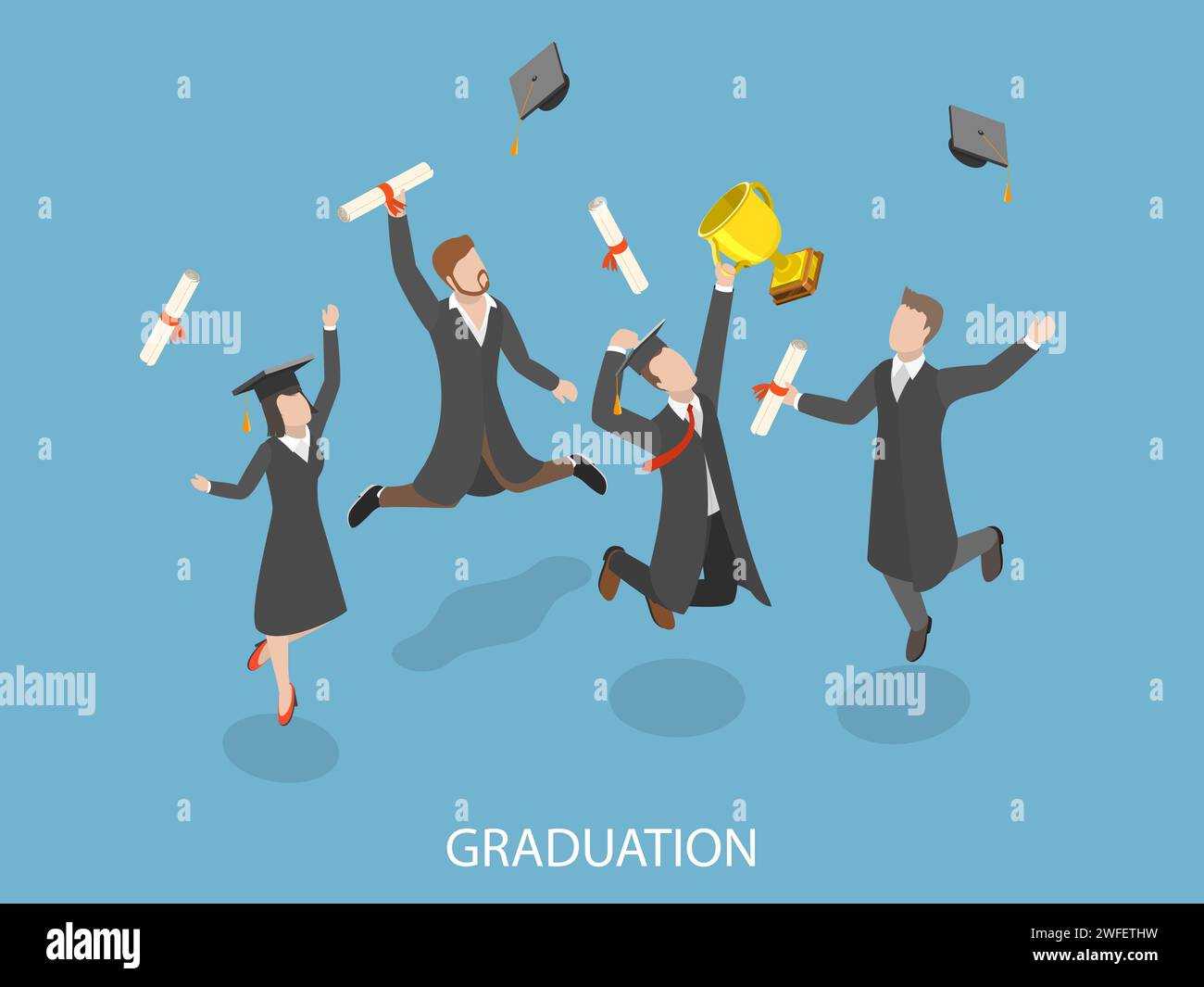 Graduation flat isometric vector concept. Happy students are jumping ...