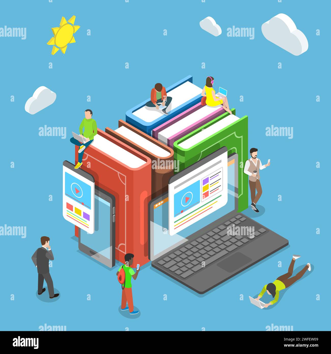 Flat isometric vector concept of online education, e-learning, webinar ...