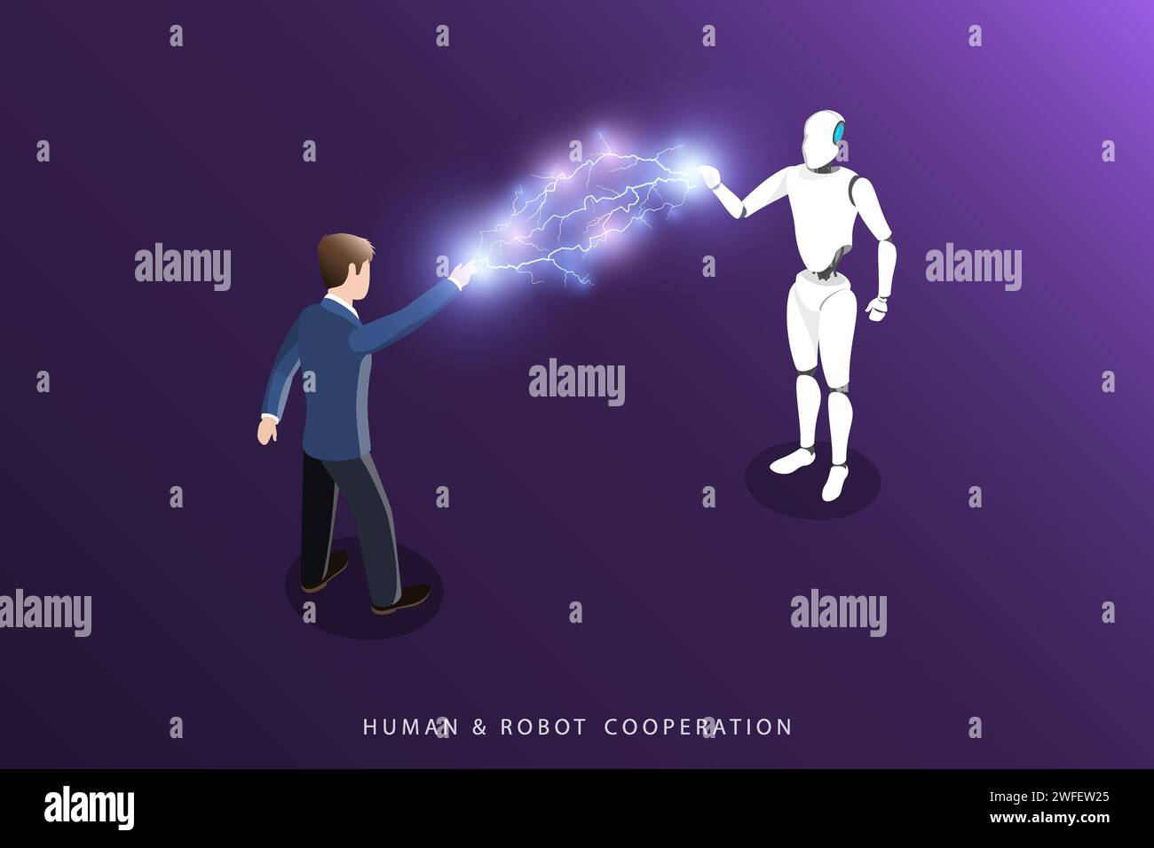 Flat isometric vector concept of robot and human cooperation ...