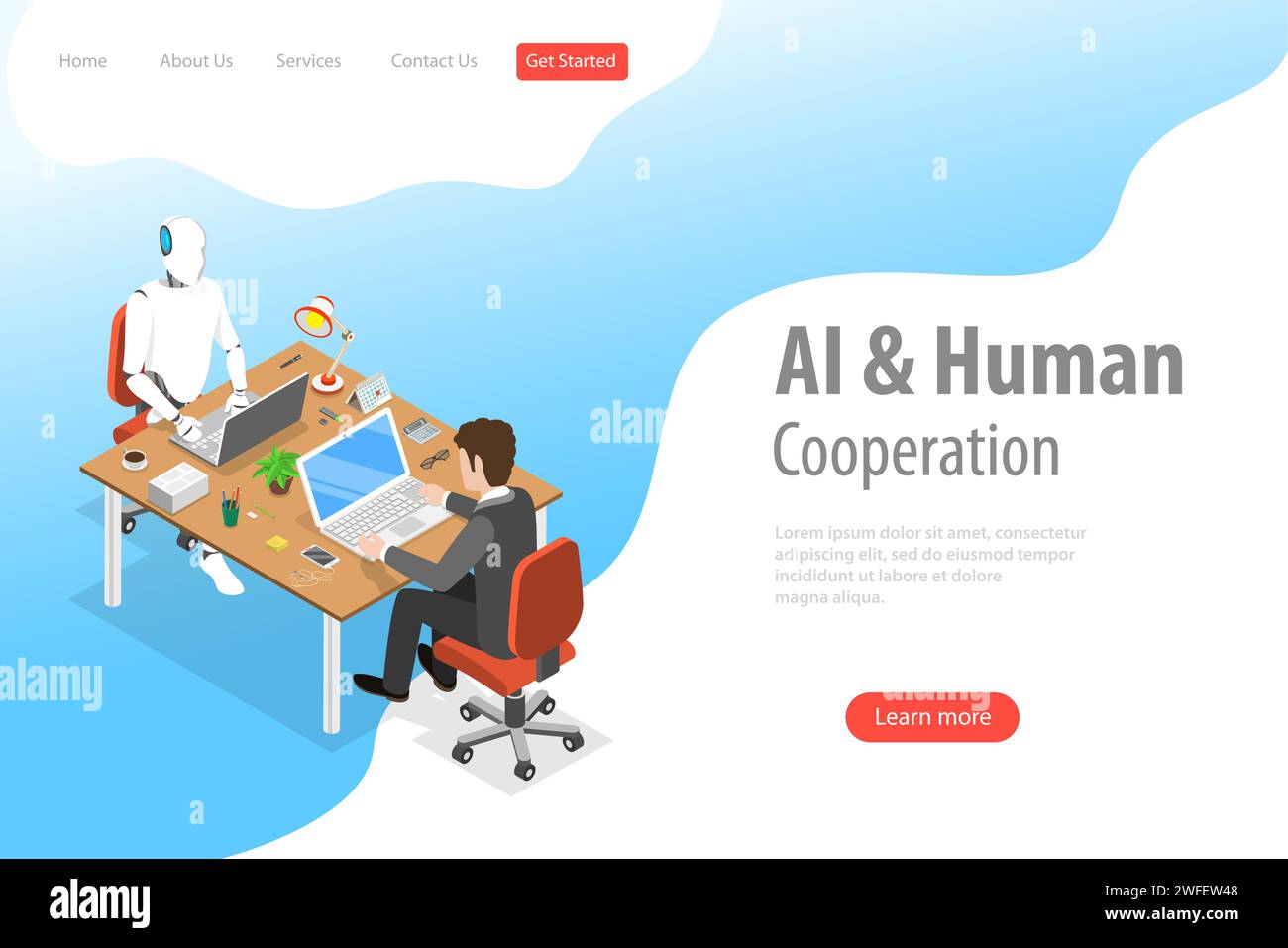 Flat isometric vector landing page template of robot and human ...