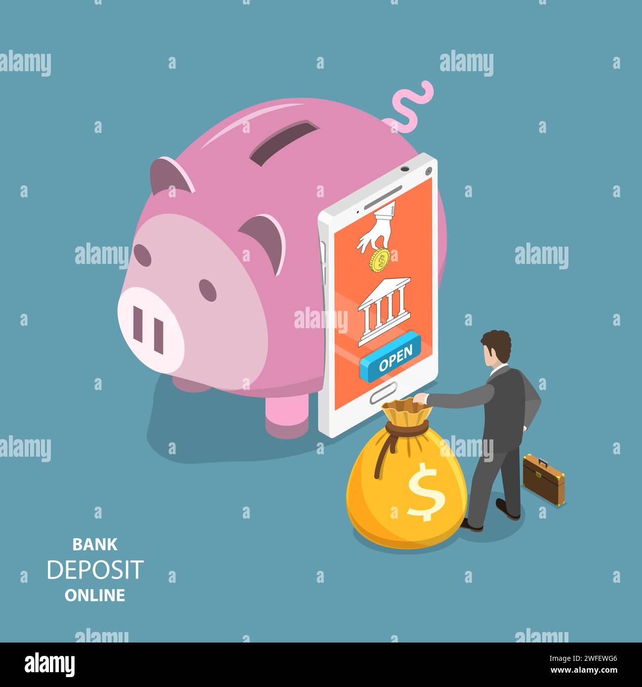 Online bank deposit flat isometric vector concept. Smartphone as a part ...