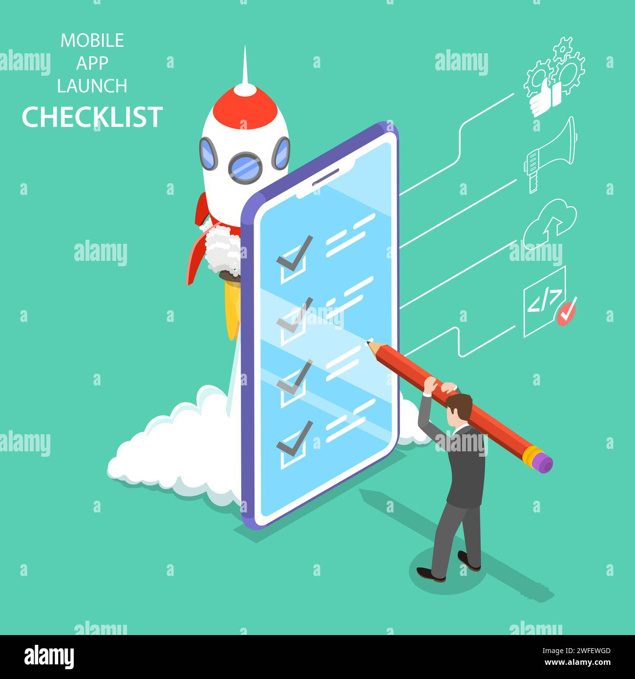 Flat isometric vector concept for mobile app launch checklist, startup idea, mobile development ...