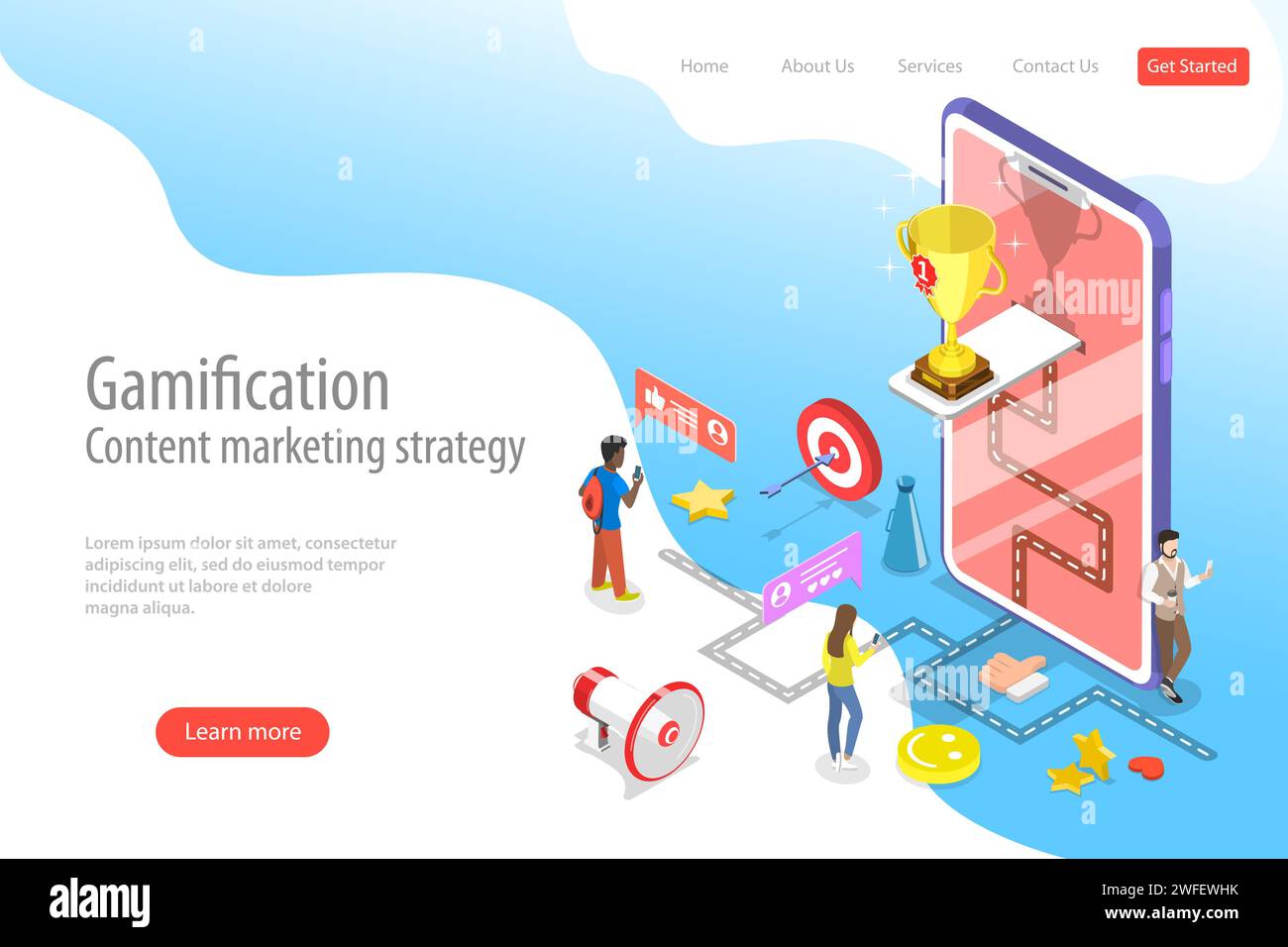 Isometric flat vector landing pate template of gamification, interactive content, customer ...