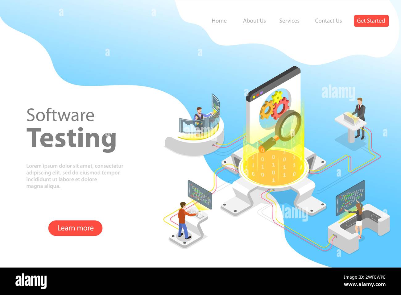 Isometric Flat Vector Landing Pate Template Of Software Quality Assurance Sqa Product Testing