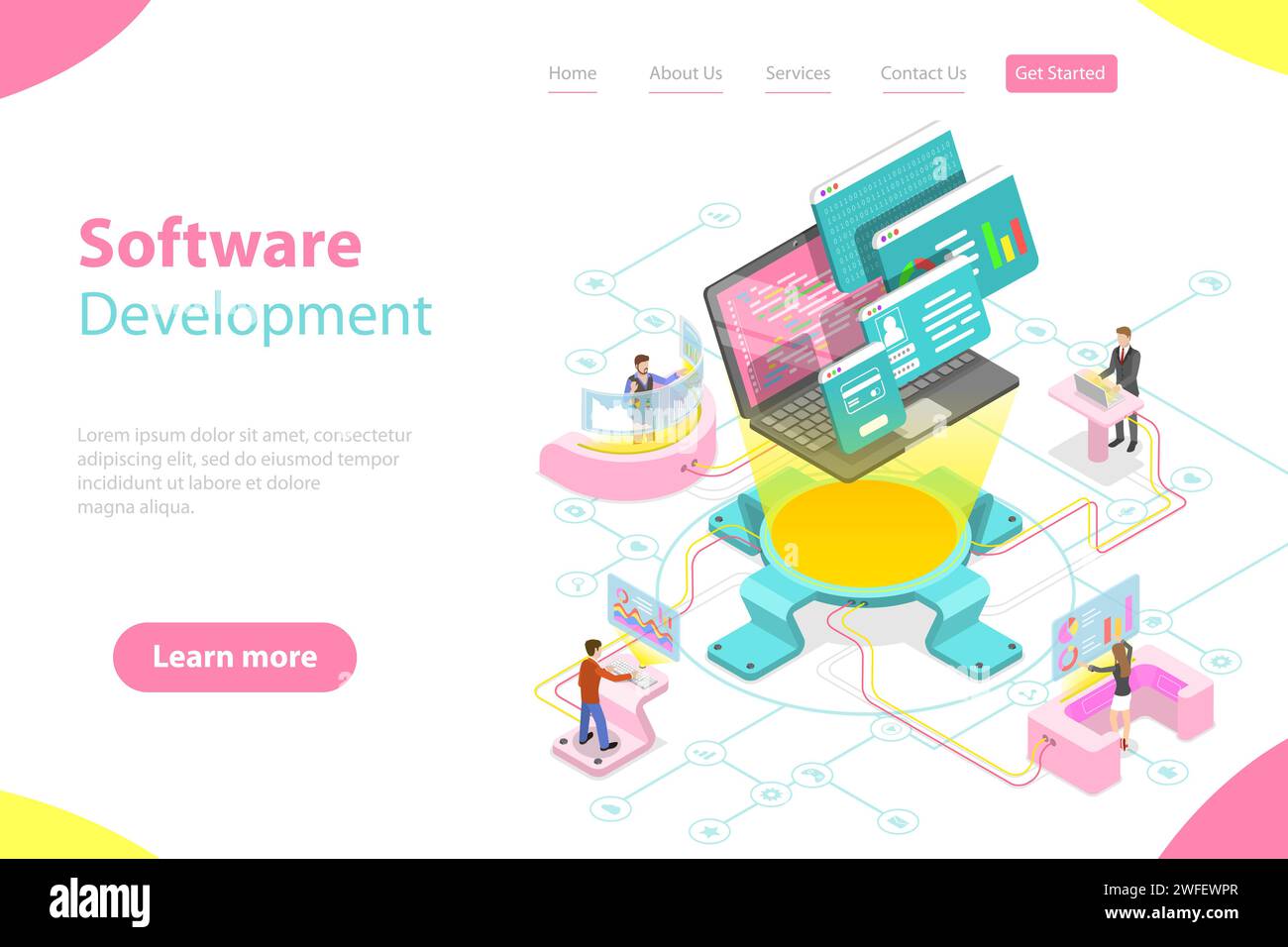 Flat isometric vector landing page template of software development, teamwork, brainstorm ...