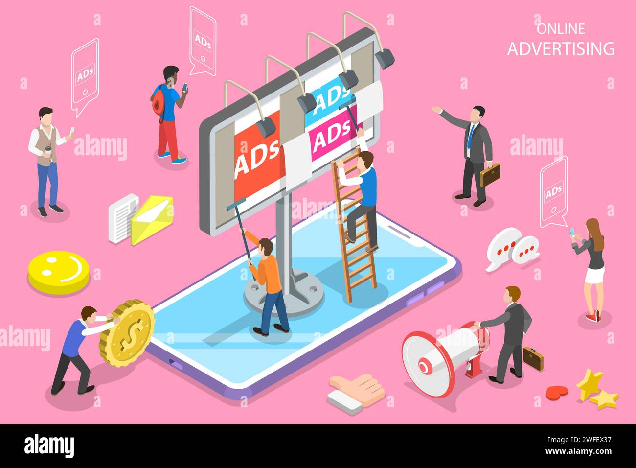 Flat isometric vector concept of mobile advertising, social media campaign, digital marketing ...