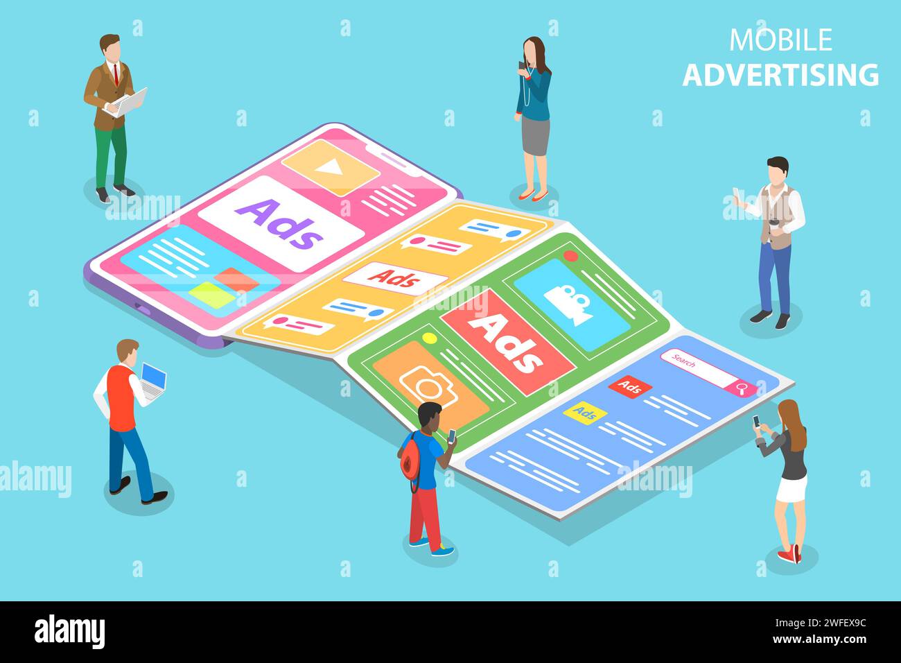 Flat isometric vector concept of mobile advertising, social media ...