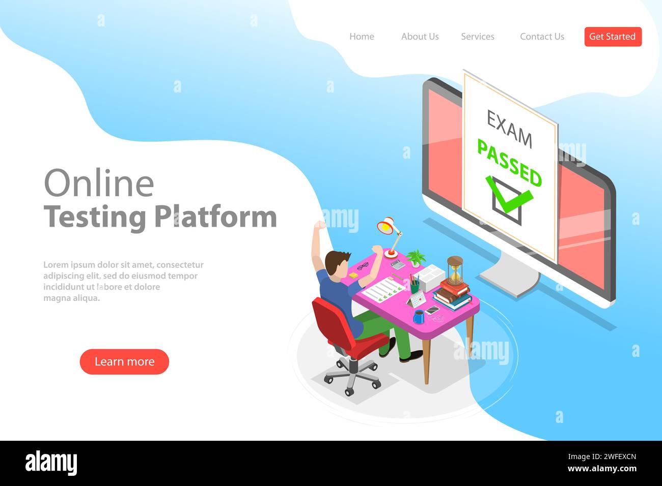 Isometric flat vector landing page template of passed online exam, questionnaire form, online ...