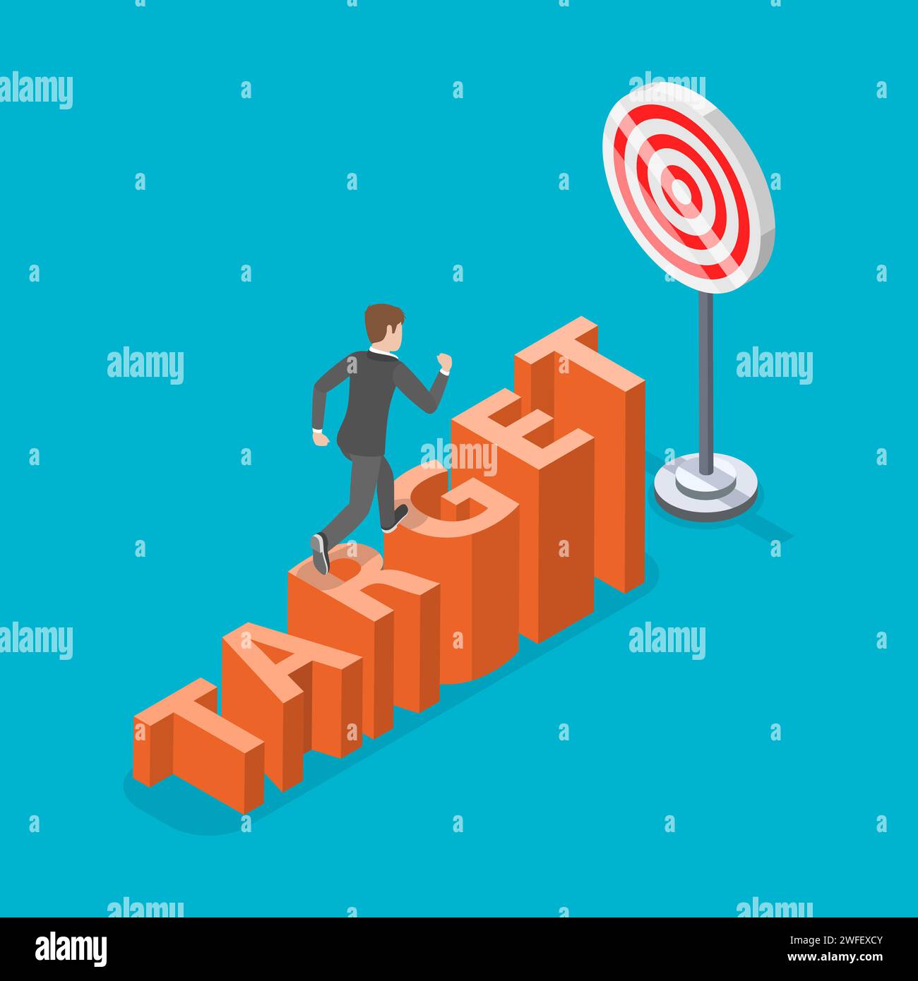 Target flat isometric vector concept. Businessman is climbing by the ...