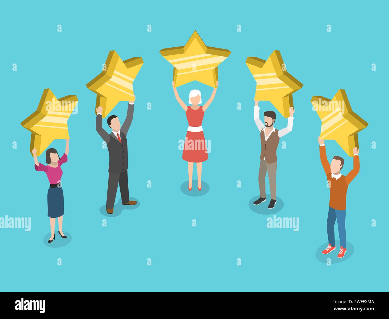 Five stars rating flat isometric vector concept. People are holding ...