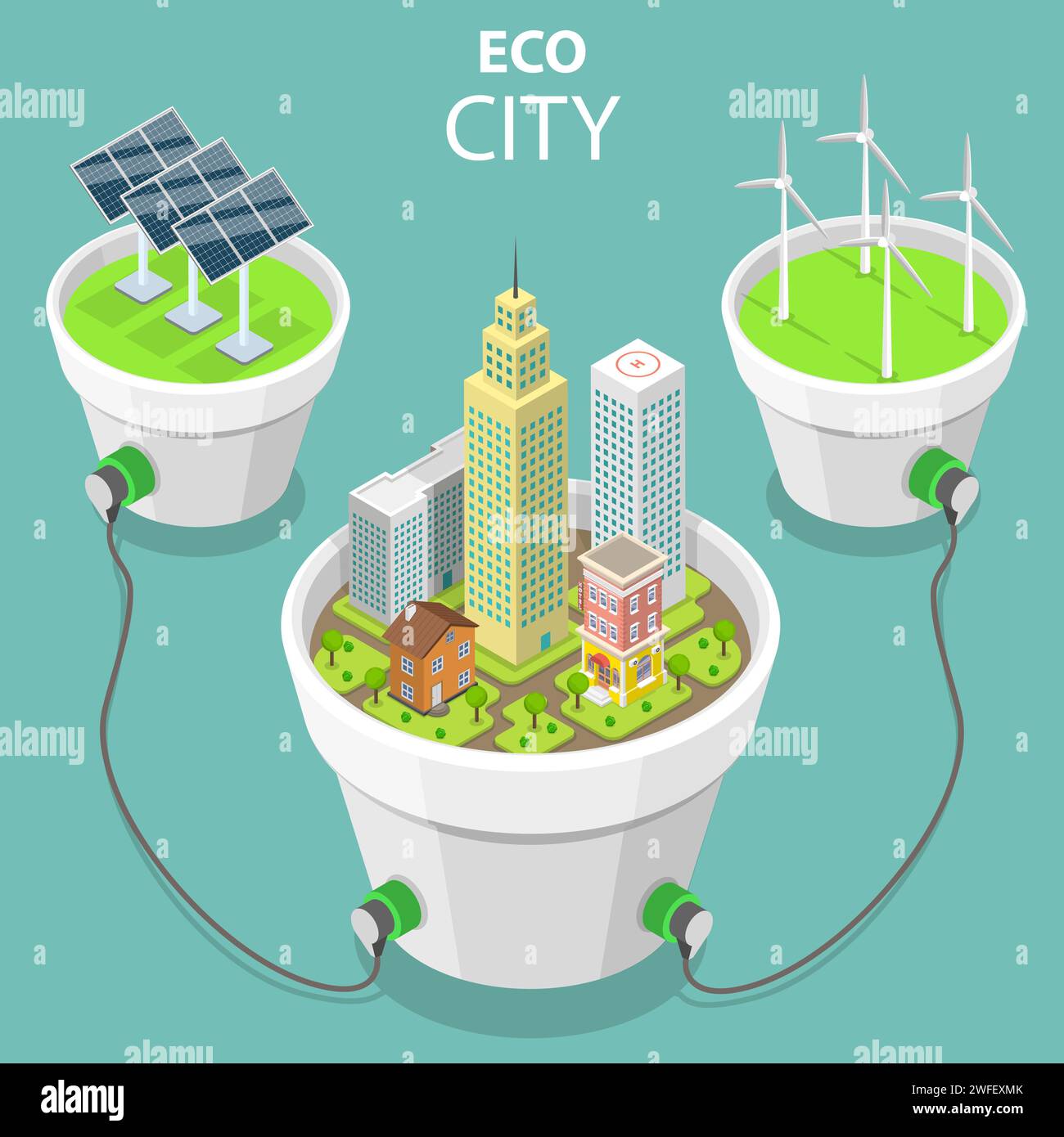 Flat isometric vector concept of eco city, solar panels, windmills ...