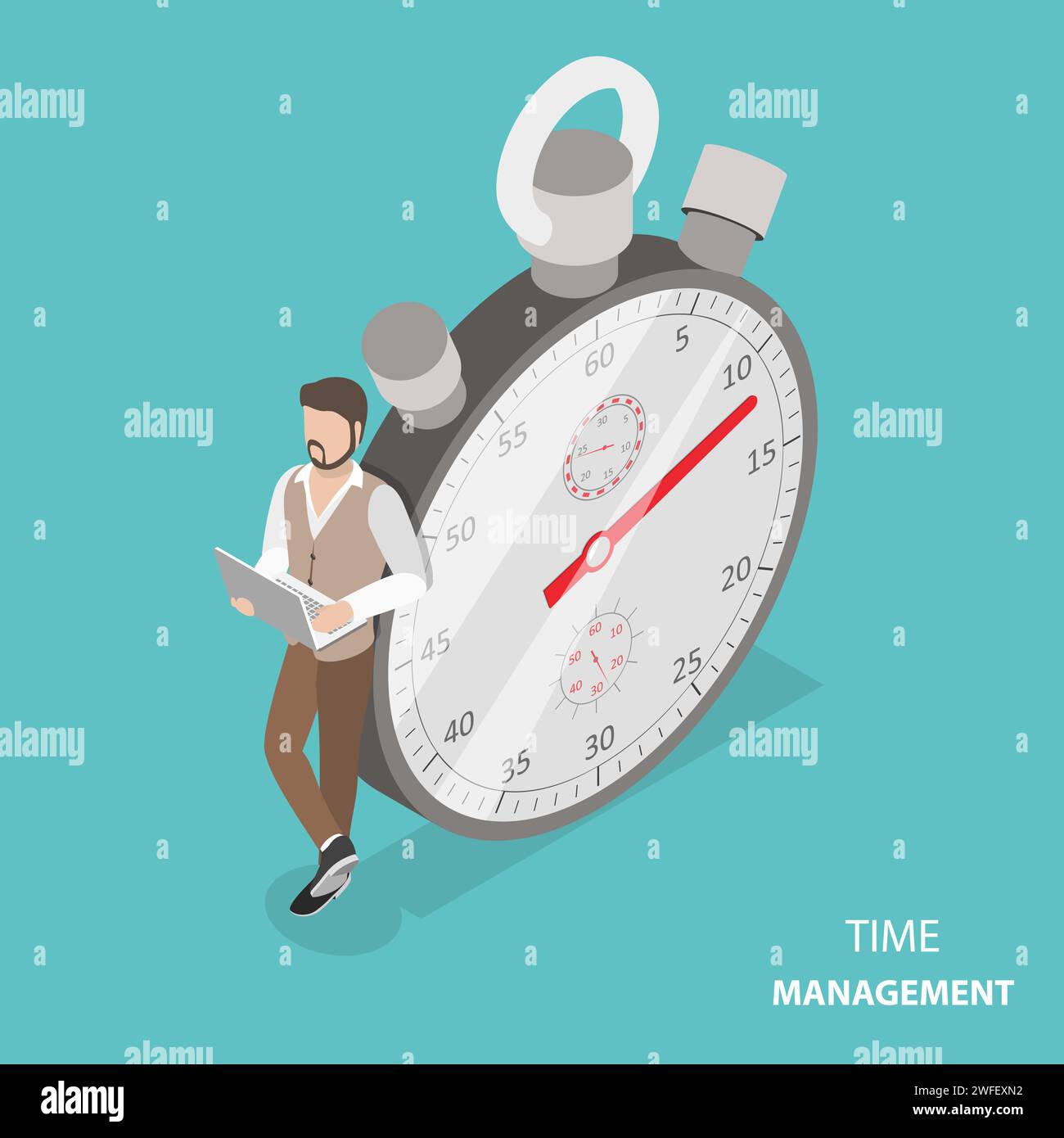 Time management flat isometric vector concept. Stylish young man is ...