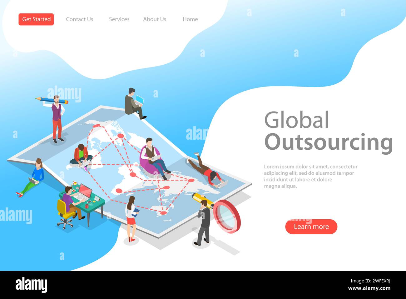Isometric flat vector landing page template of global outsourcing ...
