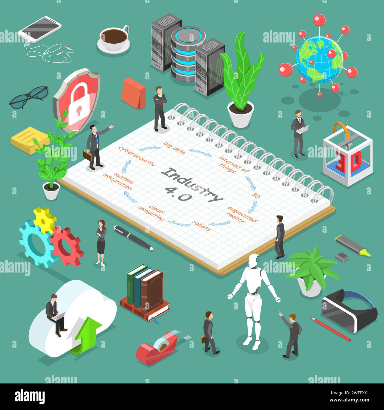 Isometric flat vector concept of industry 4, smart industrial revolution, augmented reality, iot ...