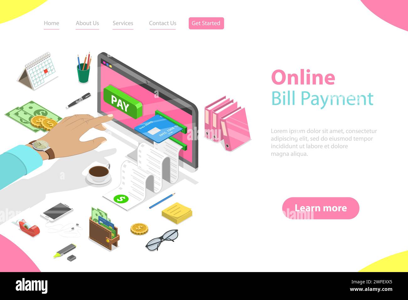 Flat isometric vector landing page template of bill payment, shopping ...