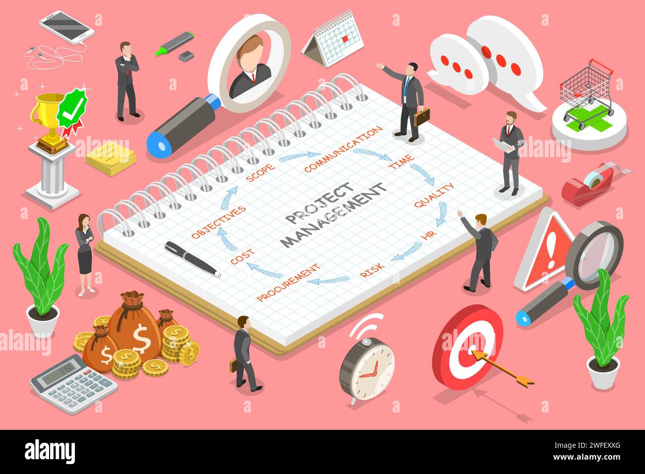 Isometric flat vector concept of project management, business multitasking, achieving project ...