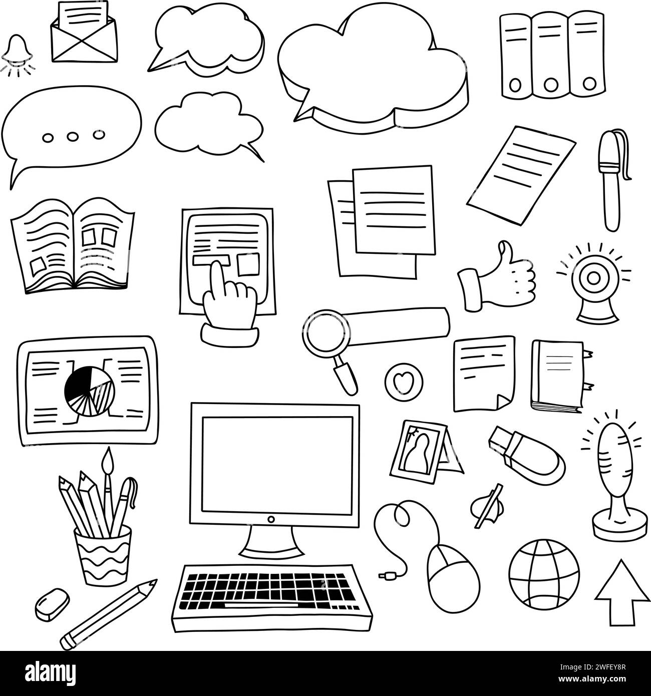 Business, work and communication. Collection linear hand doodles ...