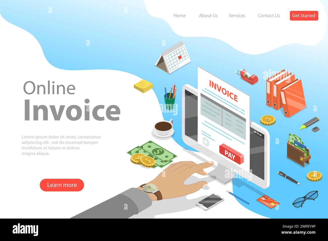 Flat isometric vector landing pate template of online invoice, payment ...