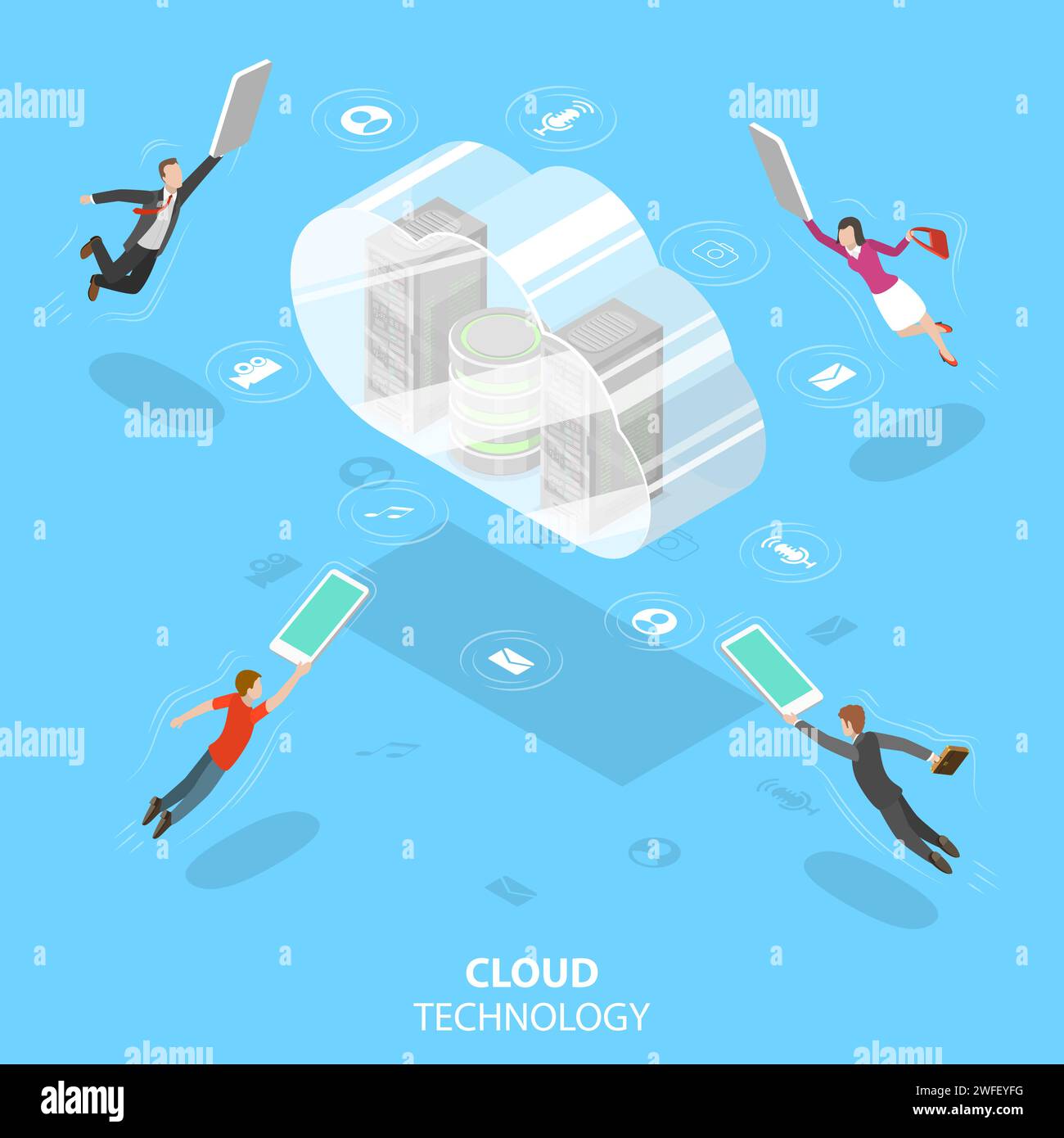 Isometric flat vector concept of cloud computing technology, data storage and hostiung, big data ...
