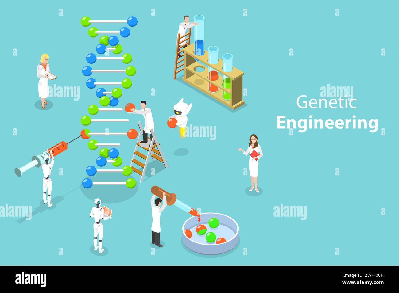 Isometric flat vector concept of genetic engineering, DNA structure changing, medical ...
