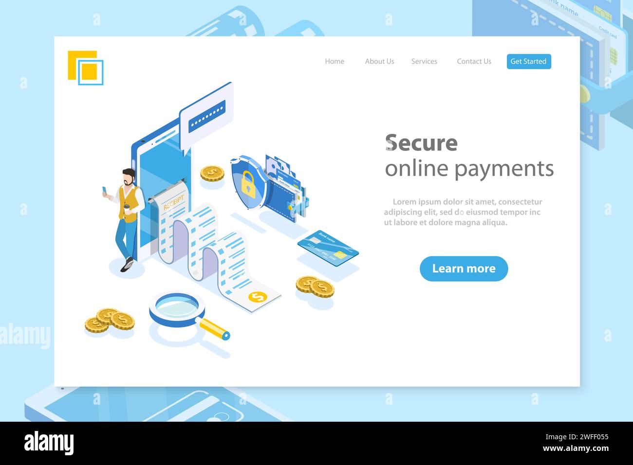 Flat isometric vector landing page header for online payment, money ...