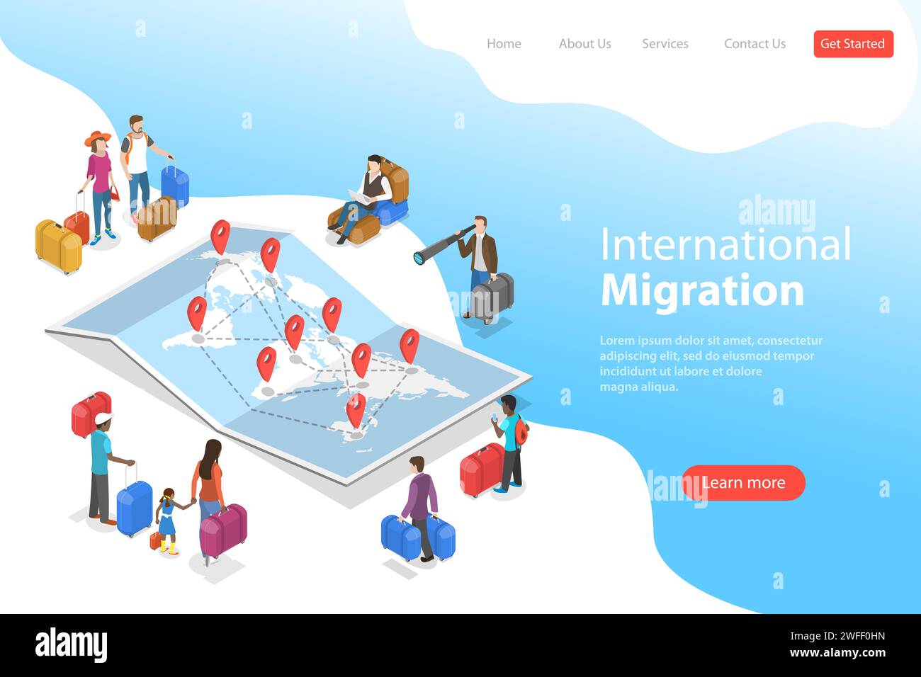 Isometric flat vector landing page template of international migration, immigration, refugee ...