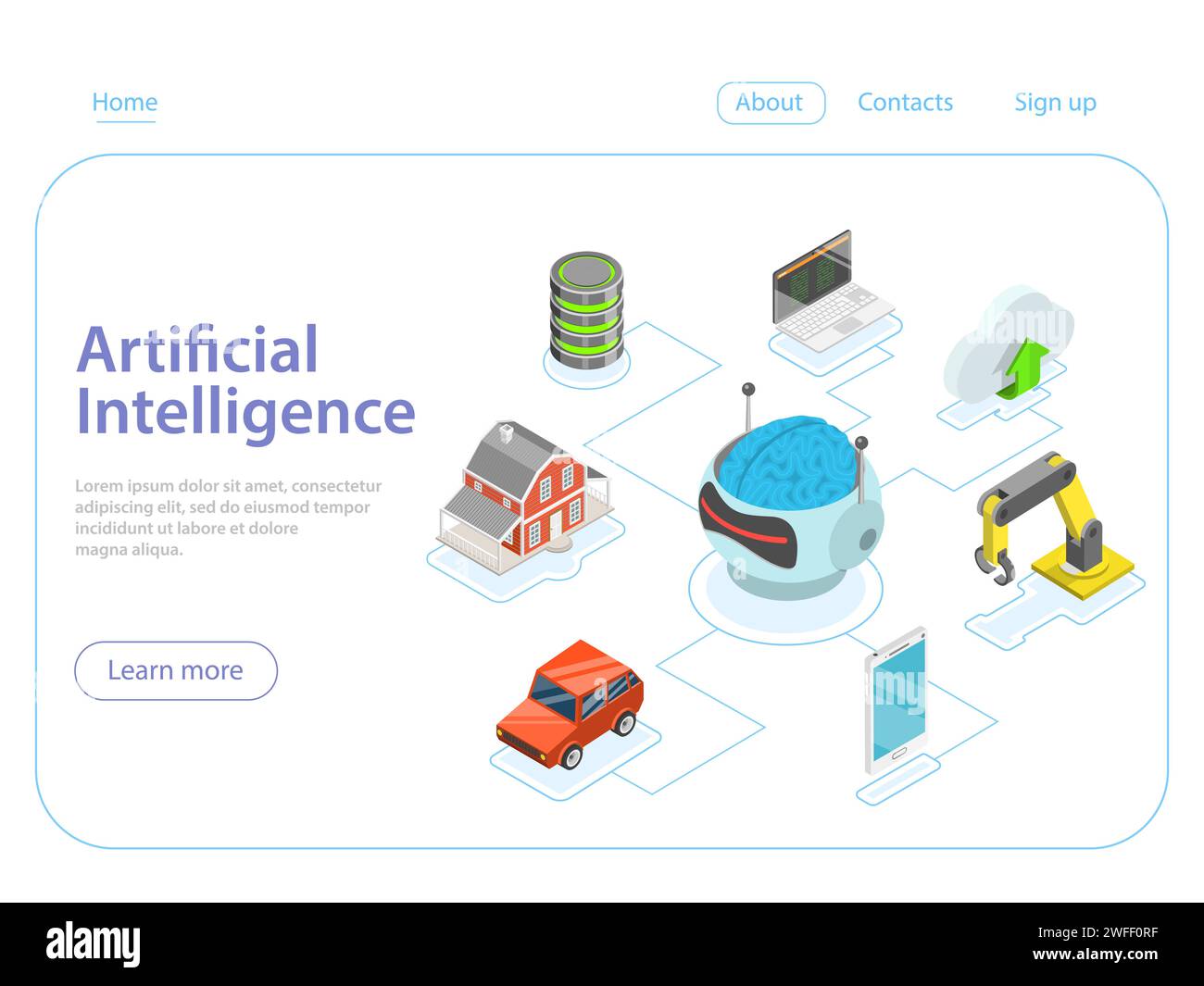Flat isometric vector concept of artificial intelligence, big data, cyber mind, machine learning ...