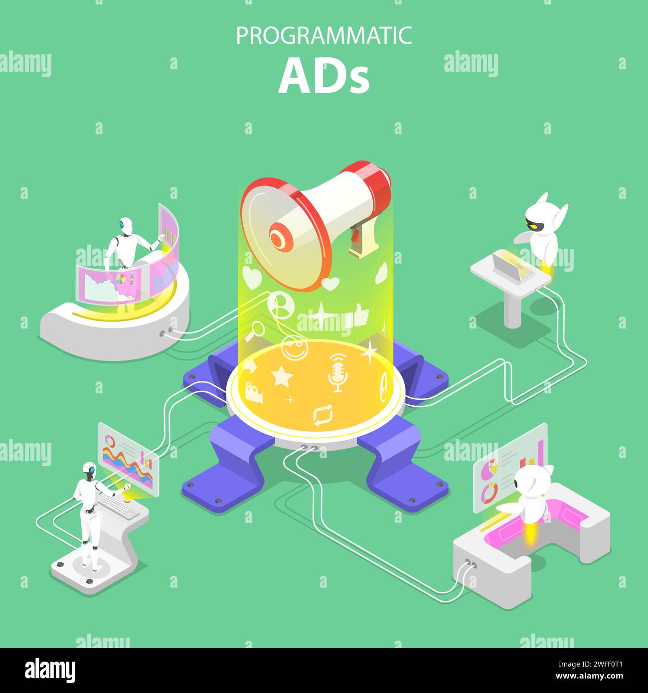 Flat isometric vector concept of programmatic advertising, social media ...