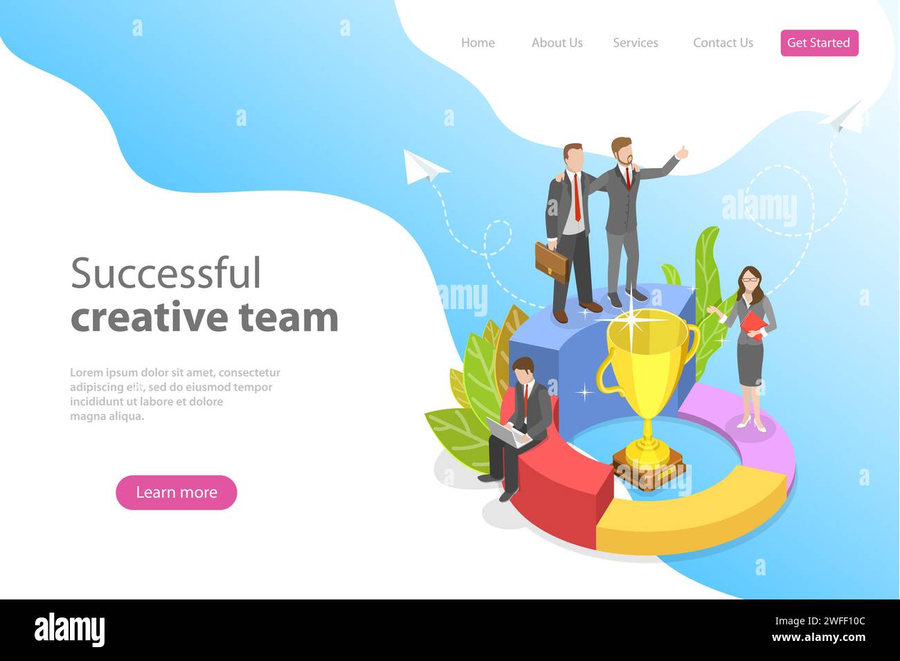 Flat isometric vector landing page template for successful creative team, teanwork, victory ...