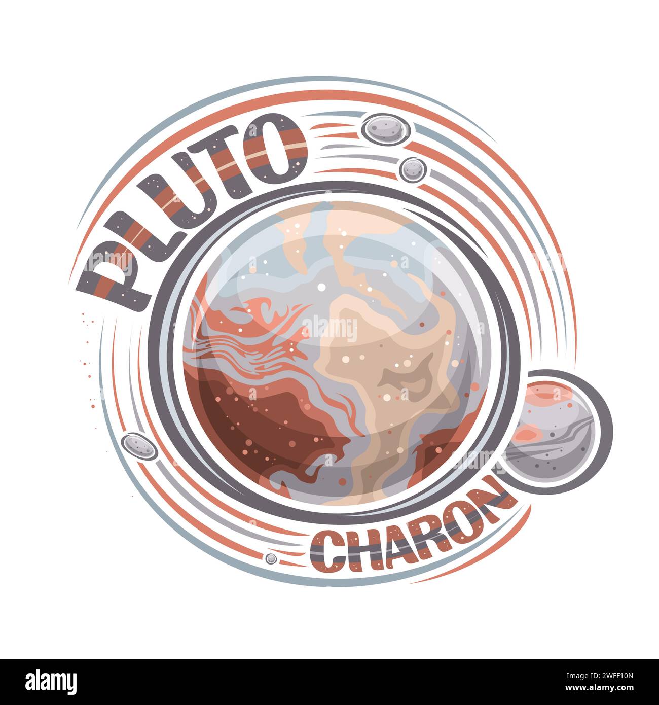 Vector logo for Pluto, decorative cosmic print with rotating planet pluto and many moons, rock ...