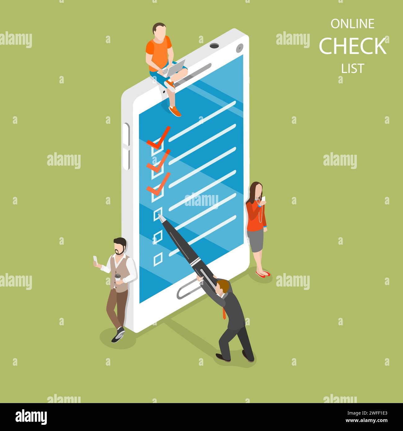 Online checklist flat isometric vector concept. A man with a pen is ...