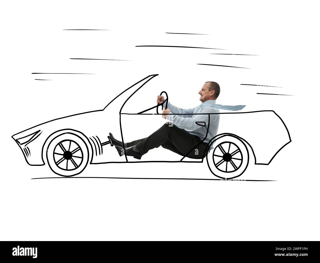 Concept of a businessman imagining himself driving a very fast sports ...
