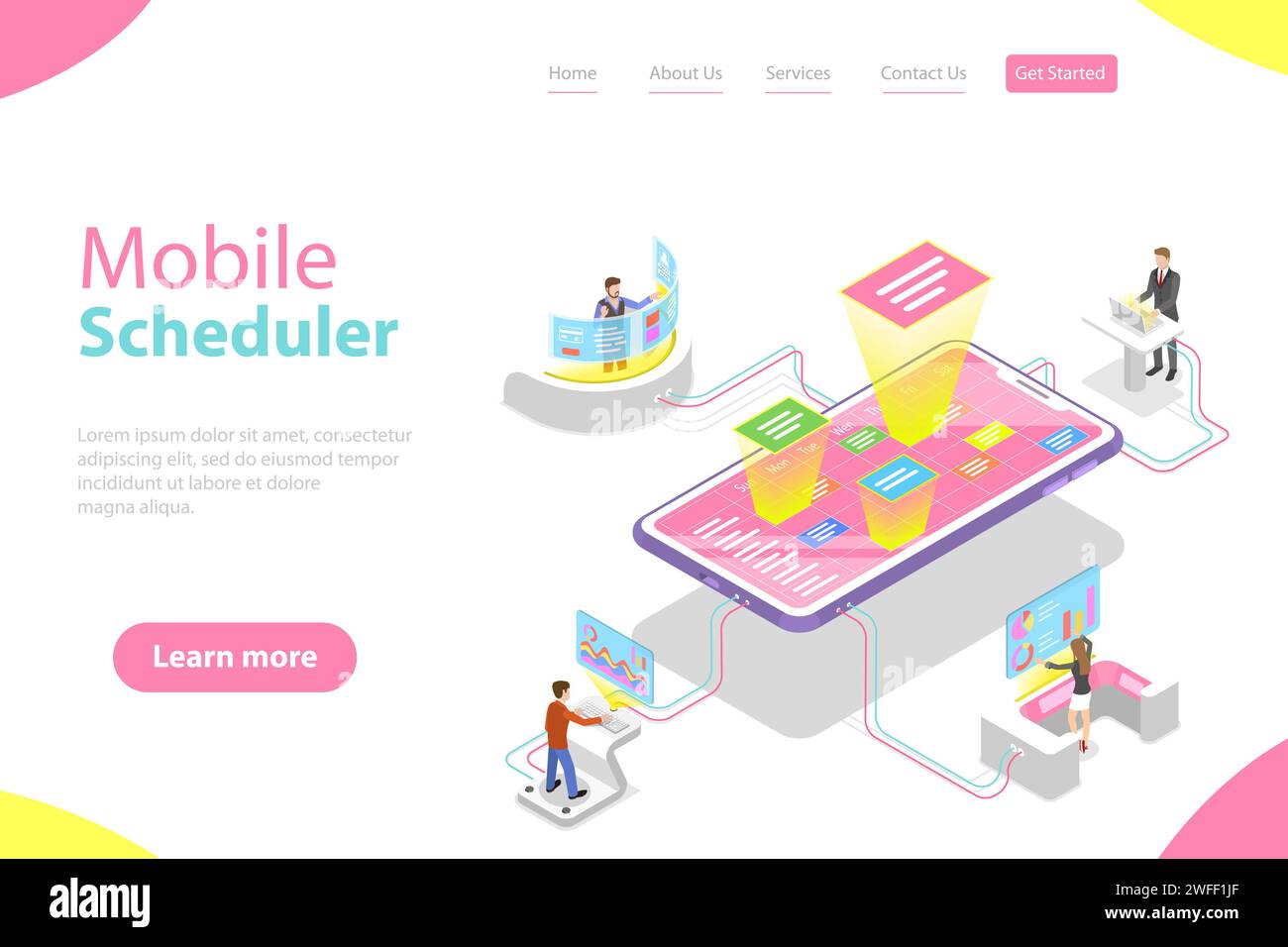 Flat isometric vector landing page template of mobile scheduler ...
