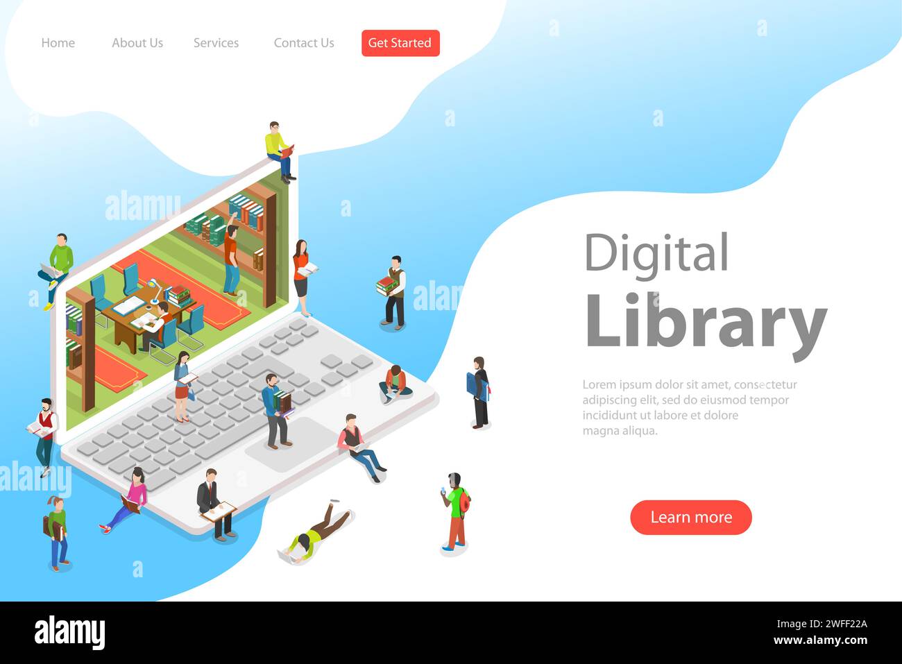 Isometric flat vector landing page template of online library ...
