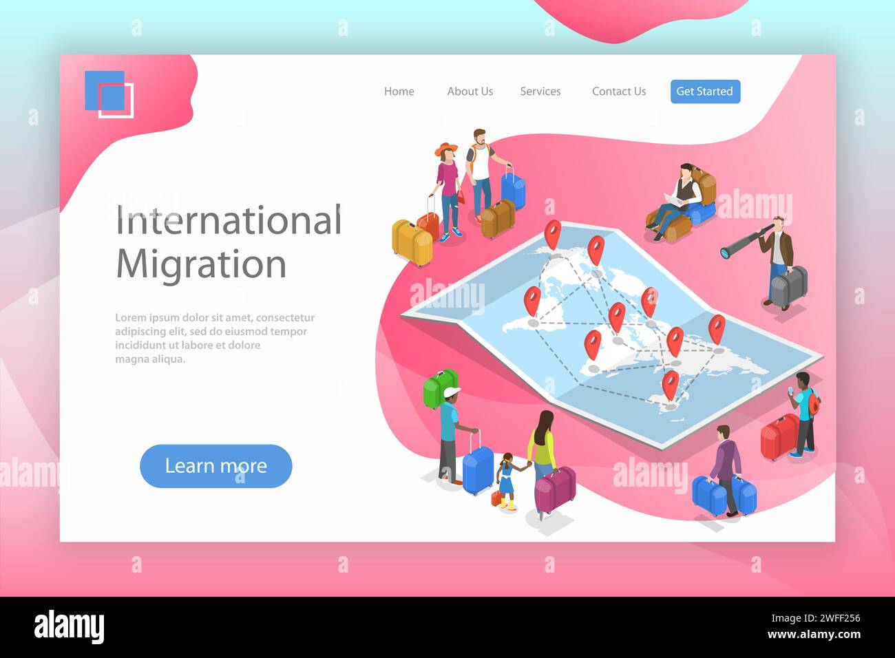 Isometric flat vector landing page template of international migration, immigration, refugee ...